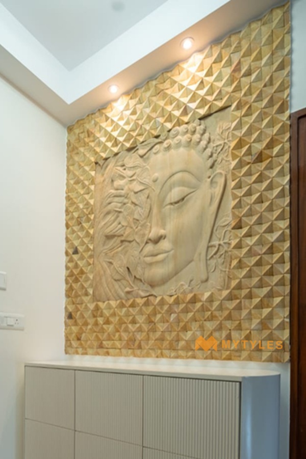 Cream Stone Wall Cladding with Teak Yellow Buddha Mural Design
