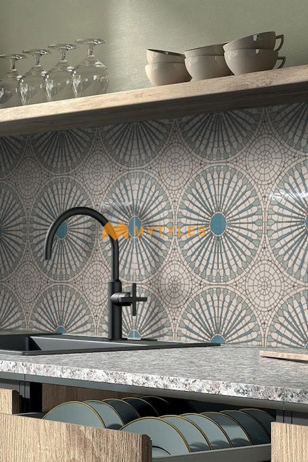 Cream & Blue Moroccan Kitchen Wall Tile Style Idea | Code33165
