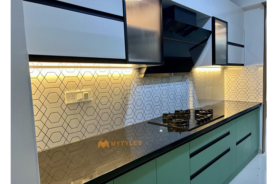 White and Gold Geometric Pattern Wall Tile -1x2 Feet Kitchen Backsplash